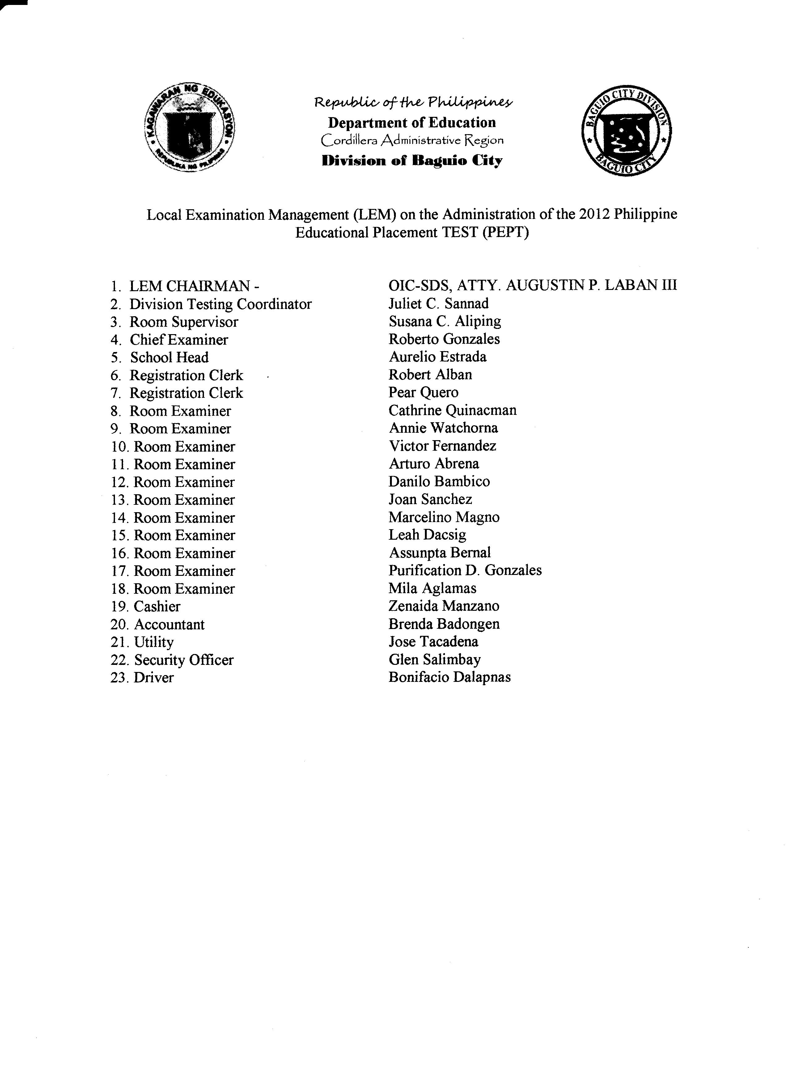 Division Memo No 144 S 2012 Local Examination Management LEM On The Division Memo No 144 S 2012 Local Examination Management LEM On The
