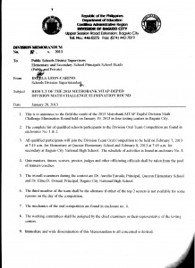 Division Memo No.18,s.2013 – RESULT OF THE 2013 METROBANK MTAP-DEPED ...