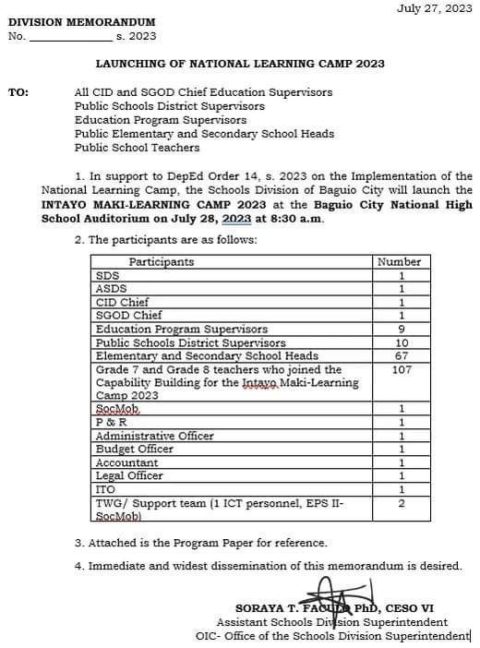 Division Memorandum – Launching of National Learning Camp | DepEd ...